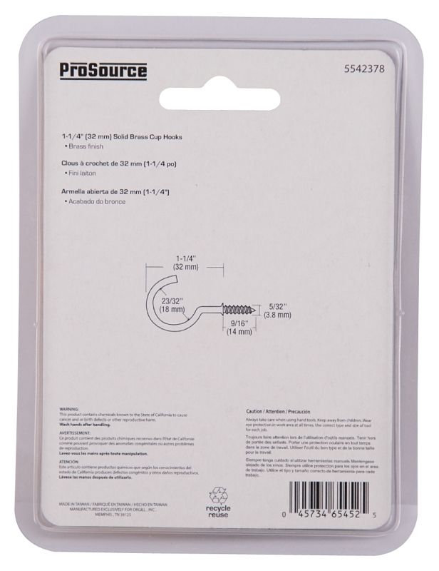 ProSource PH-122315-PS Cup Hook, 5/32 in Thread, 46 mm L, Brass, Brass